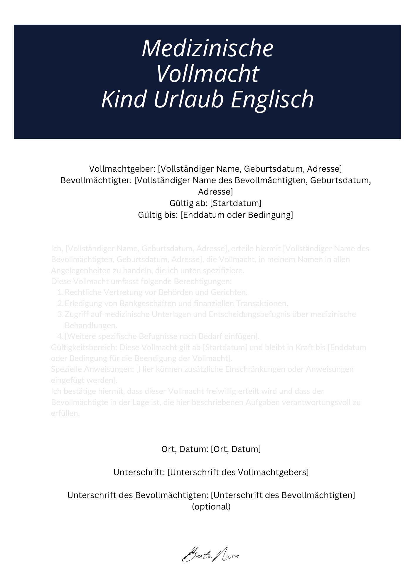 Medizinische Vollmacht Kind Urlaub Englisch